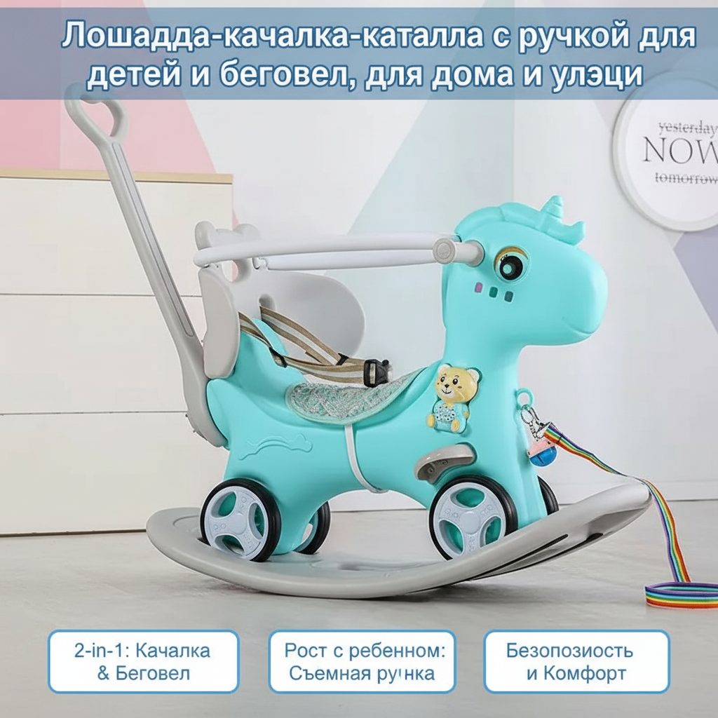 Лошадка-качалка-каталка с ручкой для детей и беговел, для дома и улицы,
