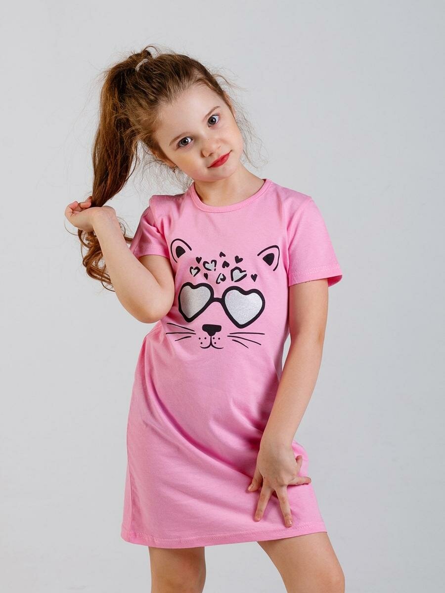 Туника «утасик» – мягкая хлопковая одежда, розовый цвет, детский размер 122, уютный принт с кошкой и усами