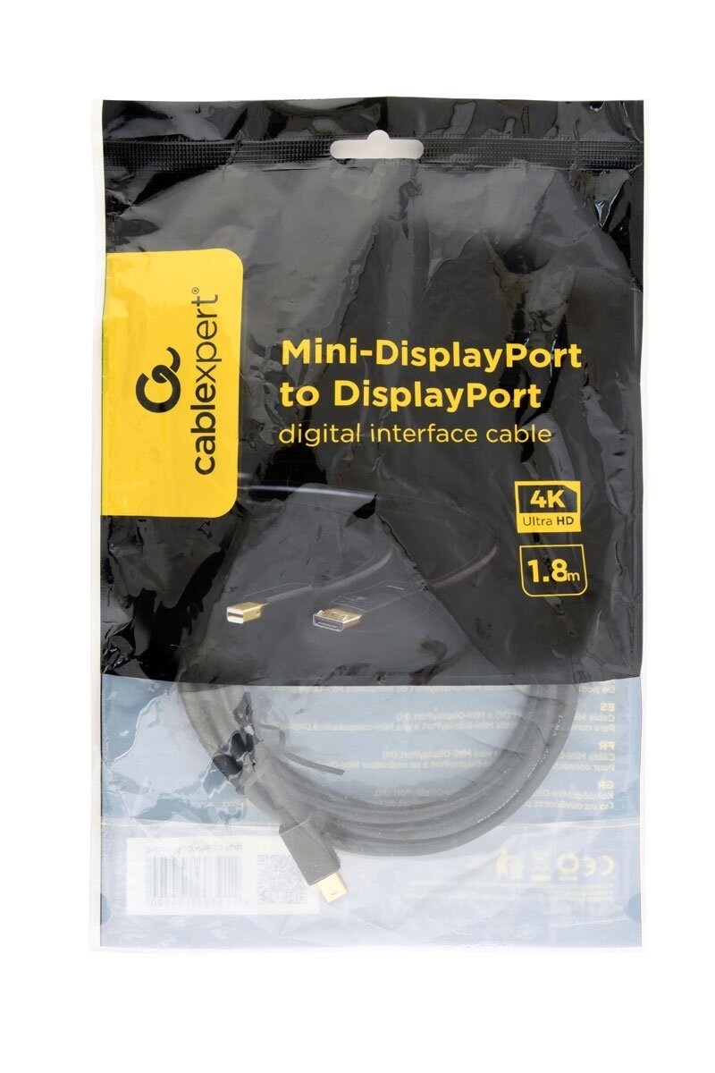 Кабель miniDP<->DP Cablexpert CCP-mDP2-6, 20M/20M, v.1.2, 4K, 1.8м, черный, позол. разъемы, пакет