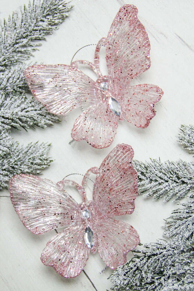 Набор ёлочных украшений-подвесок изящные бабочки, акрил, розовые, 11 см, 2 шт, Koopman International CAA222040