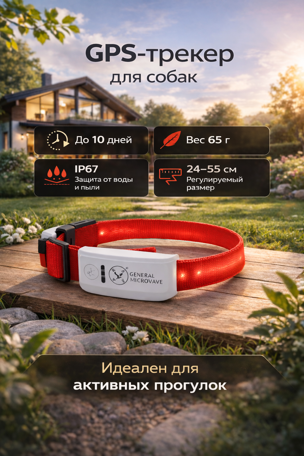 GPS/GSM трекер для собак и кошек 909 с LED-ошейником 24–55 см, до 10 дней работы, IP67, 65 г, морозостойкий