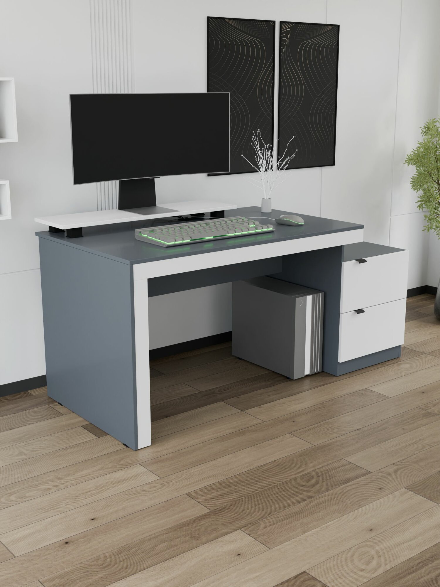 Изумлит Стол компьютерный для офиса и дома Вертикаль Компакт Лайт 165х73х74.5 см, тумба справа, графит-белый