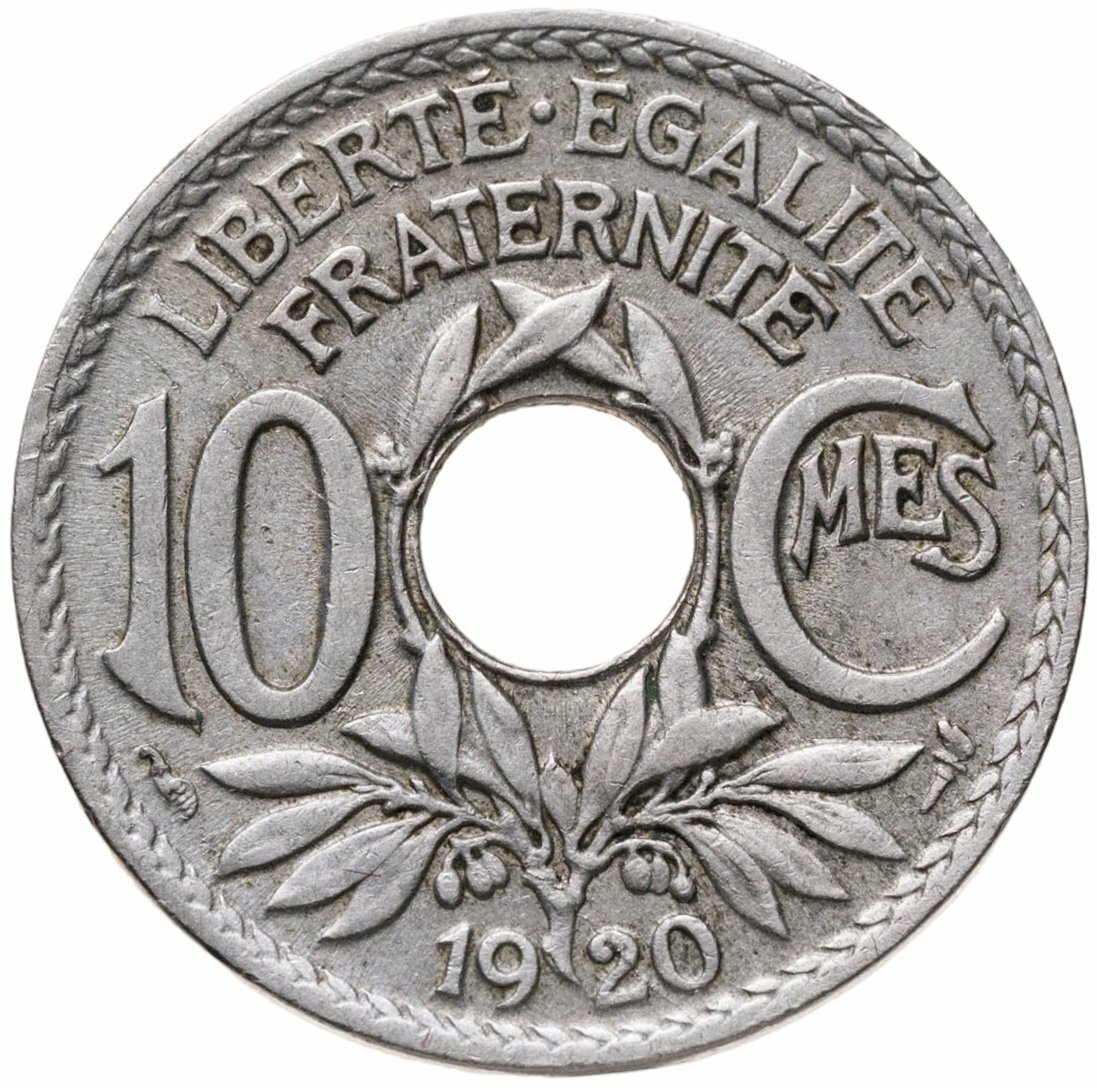 Франция 10 сантимов (centimes) 1920 отверстие в центре