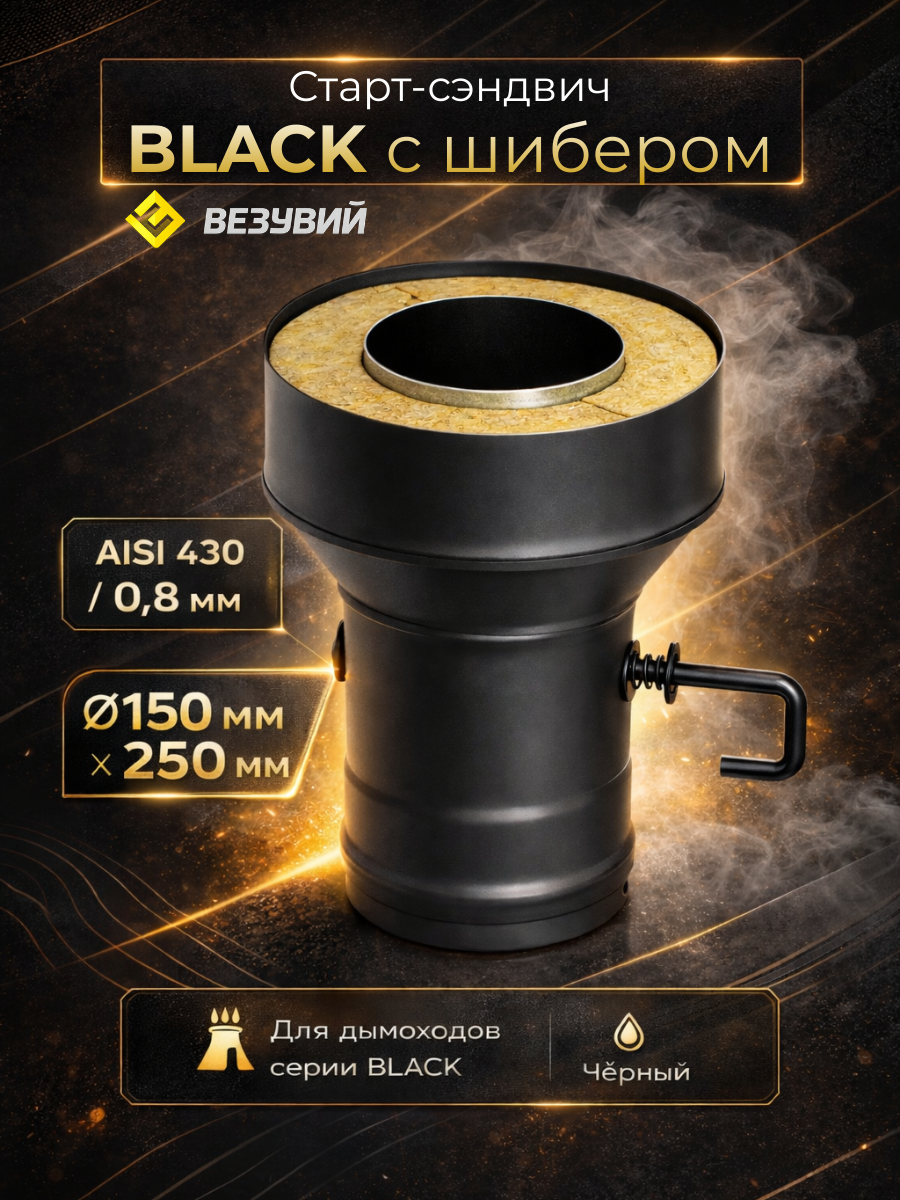 Старт-сэндвич для дымохода c шибером Ø150х250 мм, нерж. сталь 430/0,8 мм, мама-мама