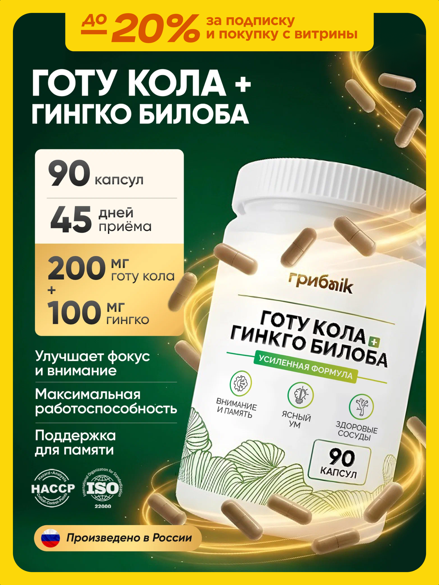 Гинкго билоба в капсулах + Готу Кола для мозга и памяти, 90 капсул