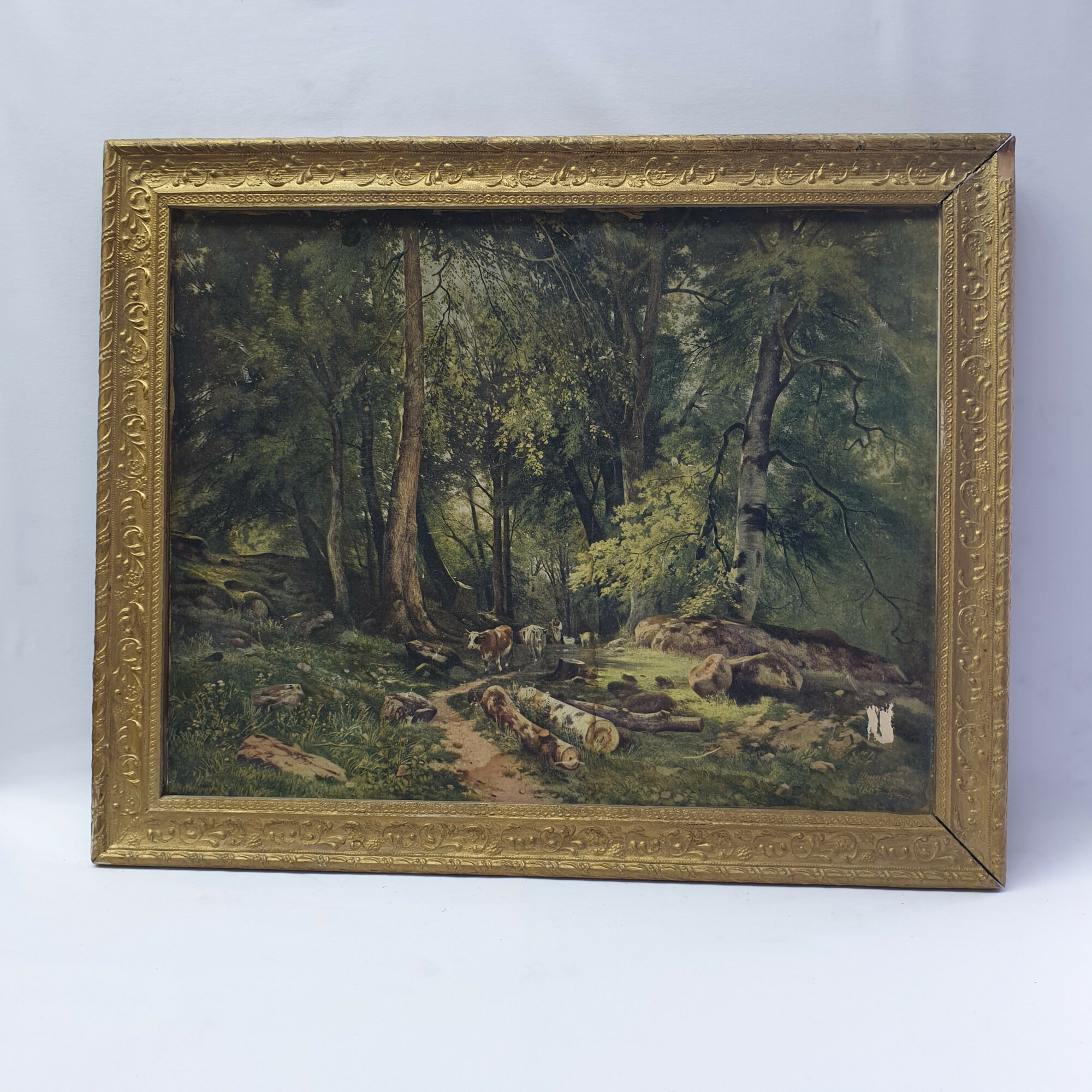 Винтажная репродукция И. Шишкина В Лесу, печать, следы времени, 55х65 см. СССР.