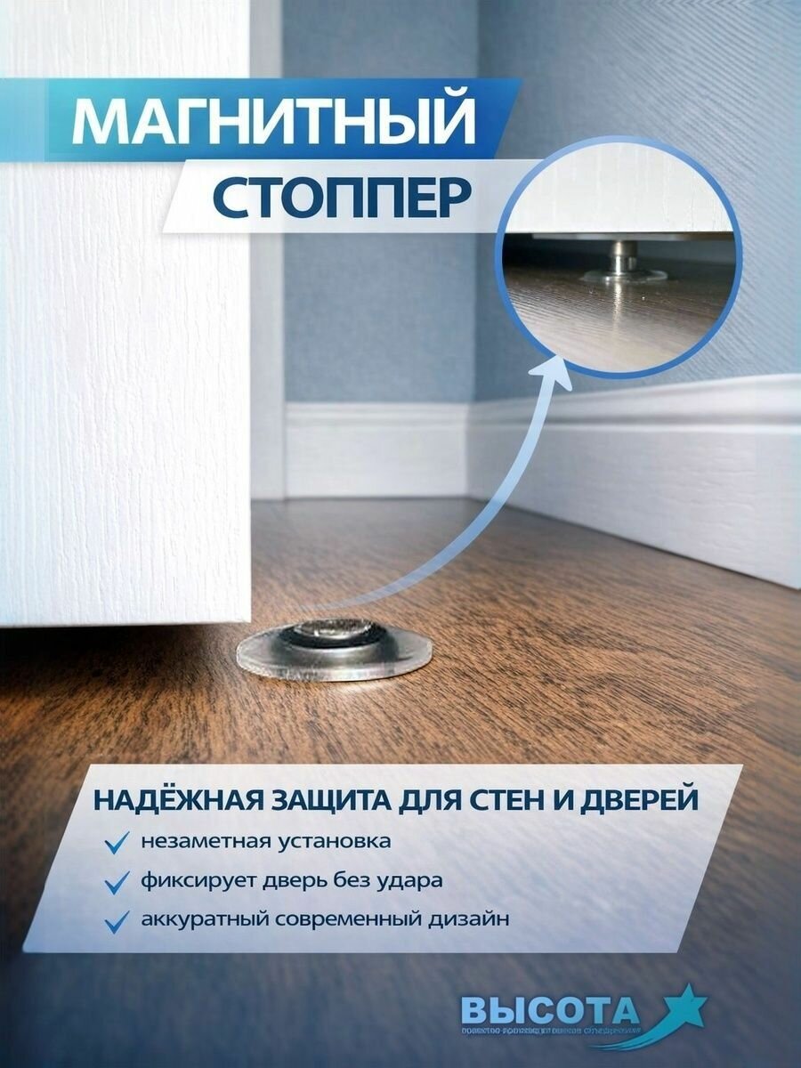 Стоппер дверной магнитный скрытый высота, прозрачный, фиксатор-ограничитель двери напольный, защита стены