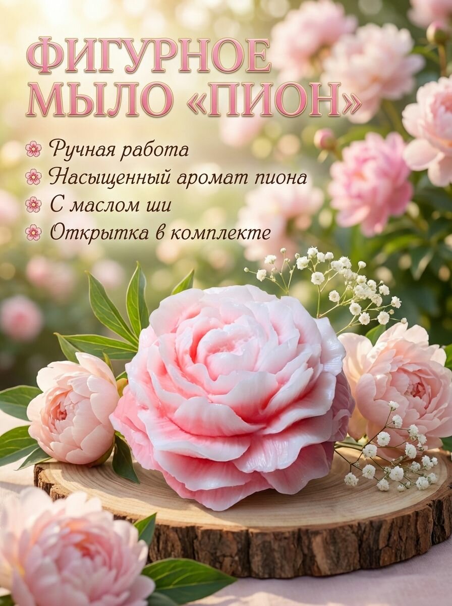 Мыло ручной работы Пион/цветы из мыла, подарок на 8 марта, на день рождения, набор 8 март