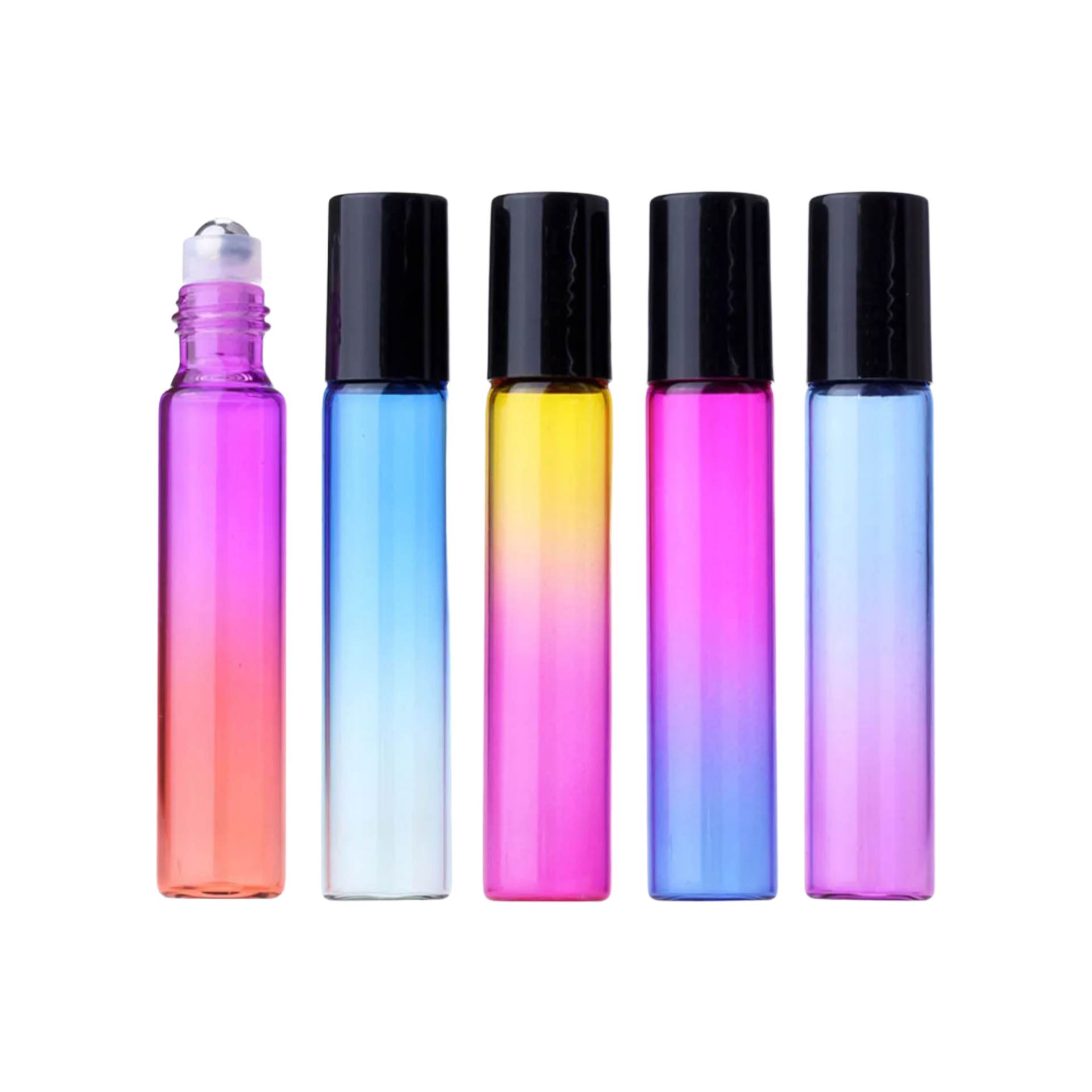 Набор роллеров для эфирных масел, флакон 10 мл, 5 штук, стекло градиент, черная крышка