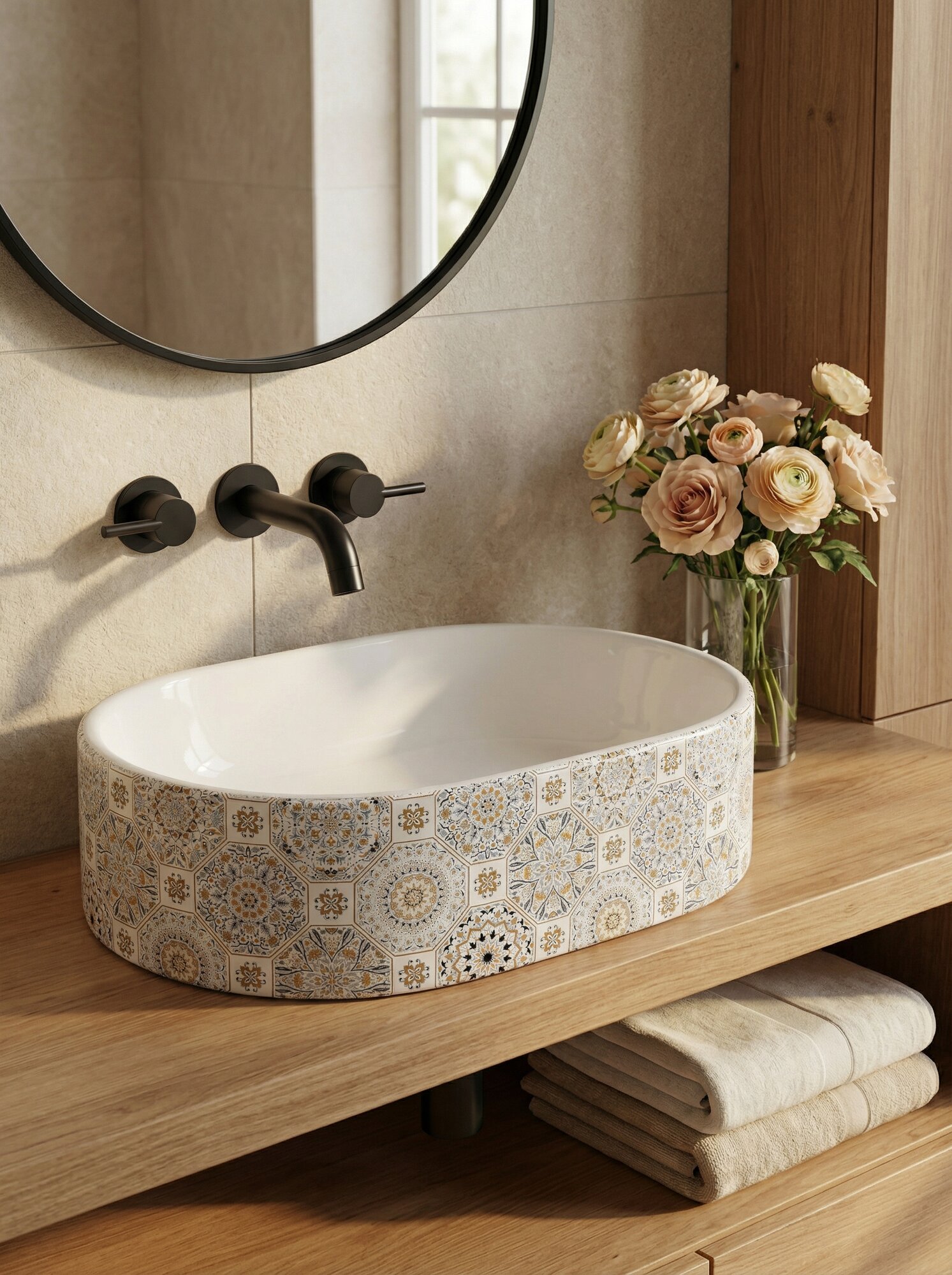 Раковина чаша накладная для ванной овальная Paffoss белая с рисунком 53 см.