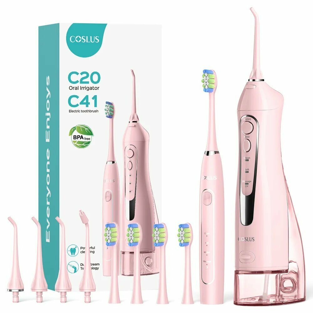 Комплект розовая электрическая зубная щетка и ирригатор из пластика для домашнего ухода за ртом