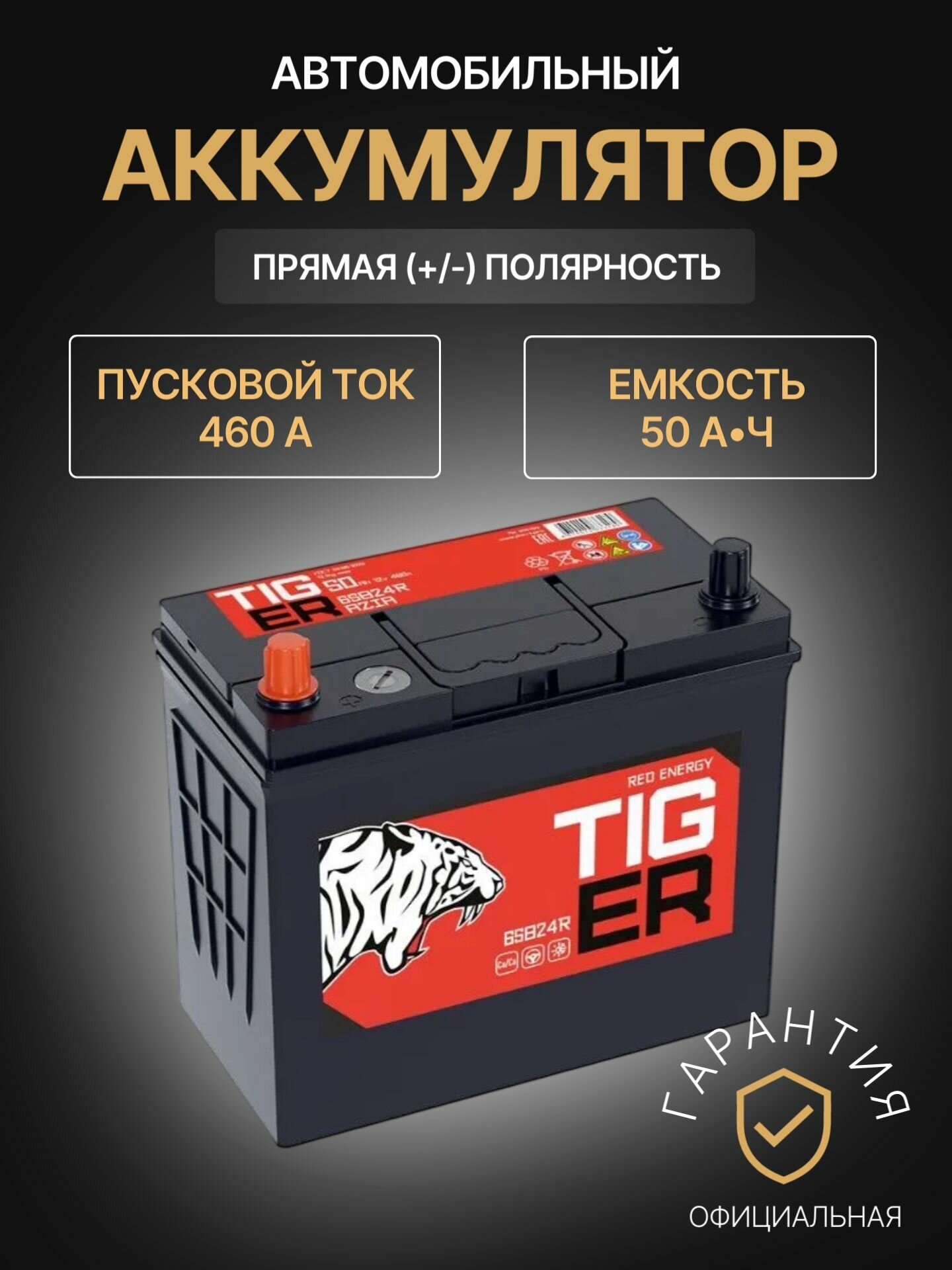 Аккумулятор автомобильный TIGER Red Energy 12В 50Ач 460А, Прямая полярность