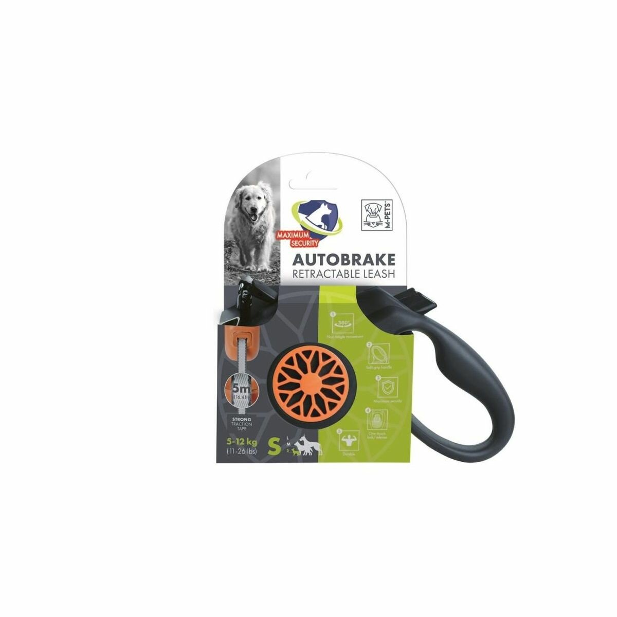 M-PETS Поводок-рулетка с автотормозом 5 м, до 12 кг, 16,5*12*6 см, оранжевый