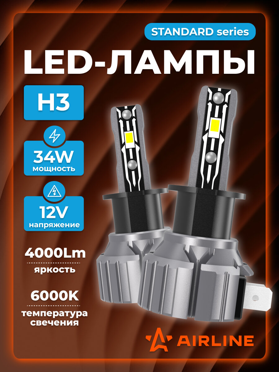 Лампа светодиодная H3 STANDARD, 17Вт, 4000Лм (2000Лм x 2), 6000К (Белый), 12В, комплект 2 шт. МП-серия AEAR251 AIRLINE