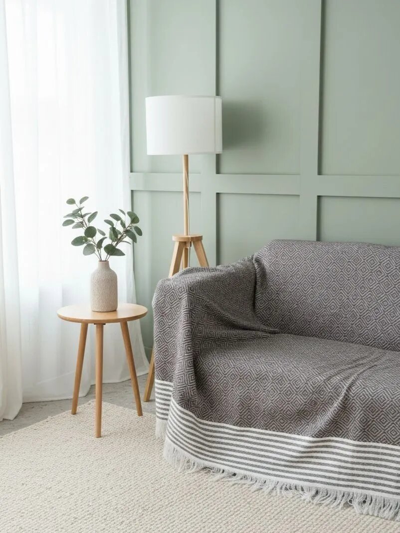 Плед - покрывало хлопковый вязаный коричневый двусторонний 200 х 260 см с бахромой на кровать и диван