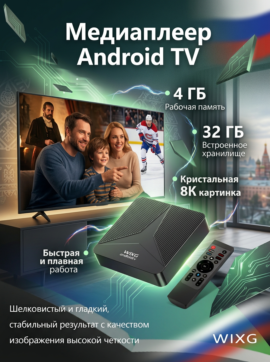 WIXG Медиаплеер Смарт ТВ приставка Android,14 , Bluetooth, Wi-Fi, черный матовый