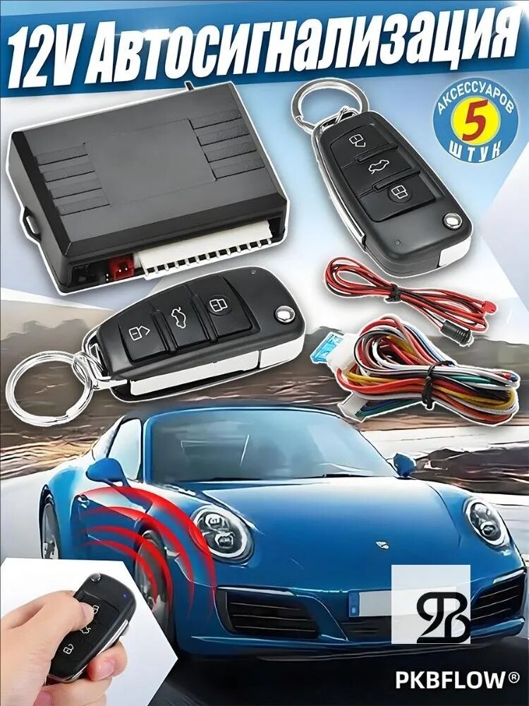 Автосигнализация для автомобиля 12V с центральным замком, 5 аксессуаров, черный