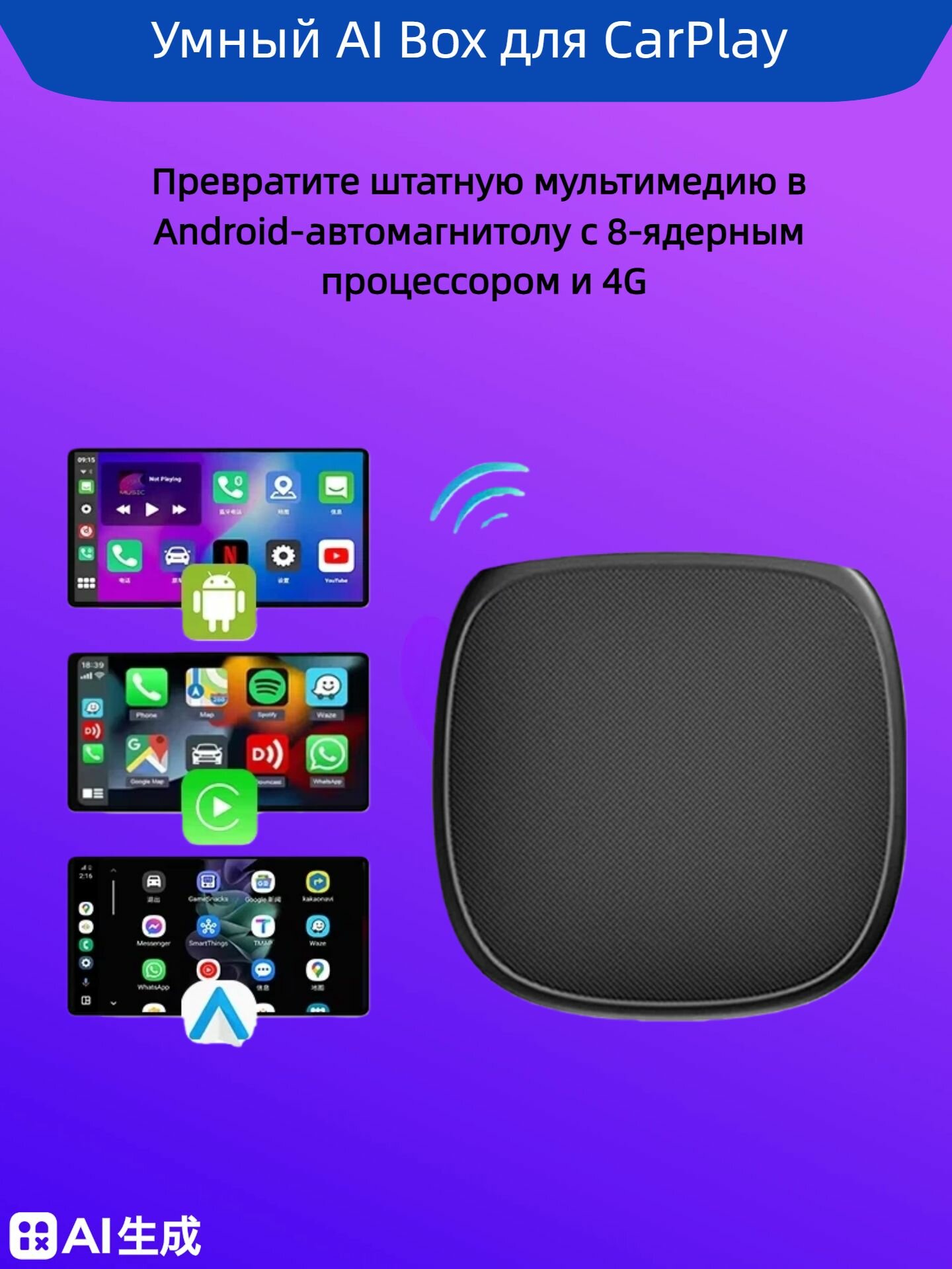 Умный AI Box для CarPlay с Android 13/Автомагнитола, 2 DIN, 4ГБ/64ГБ
