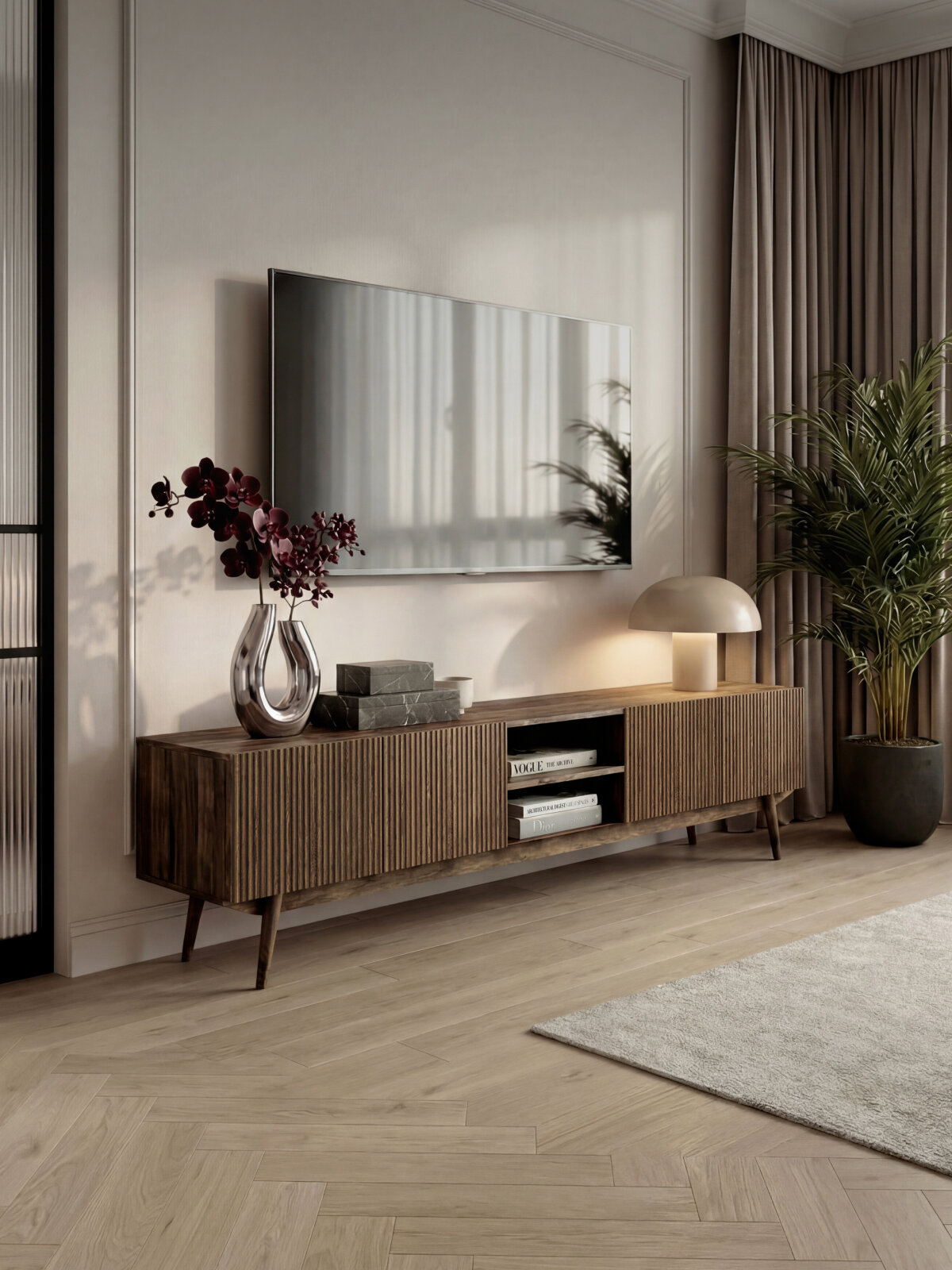 Тумба напольная под телевизор Стилика Фрея, тумбочка для тв на ножках, длина 210 см, коричневый