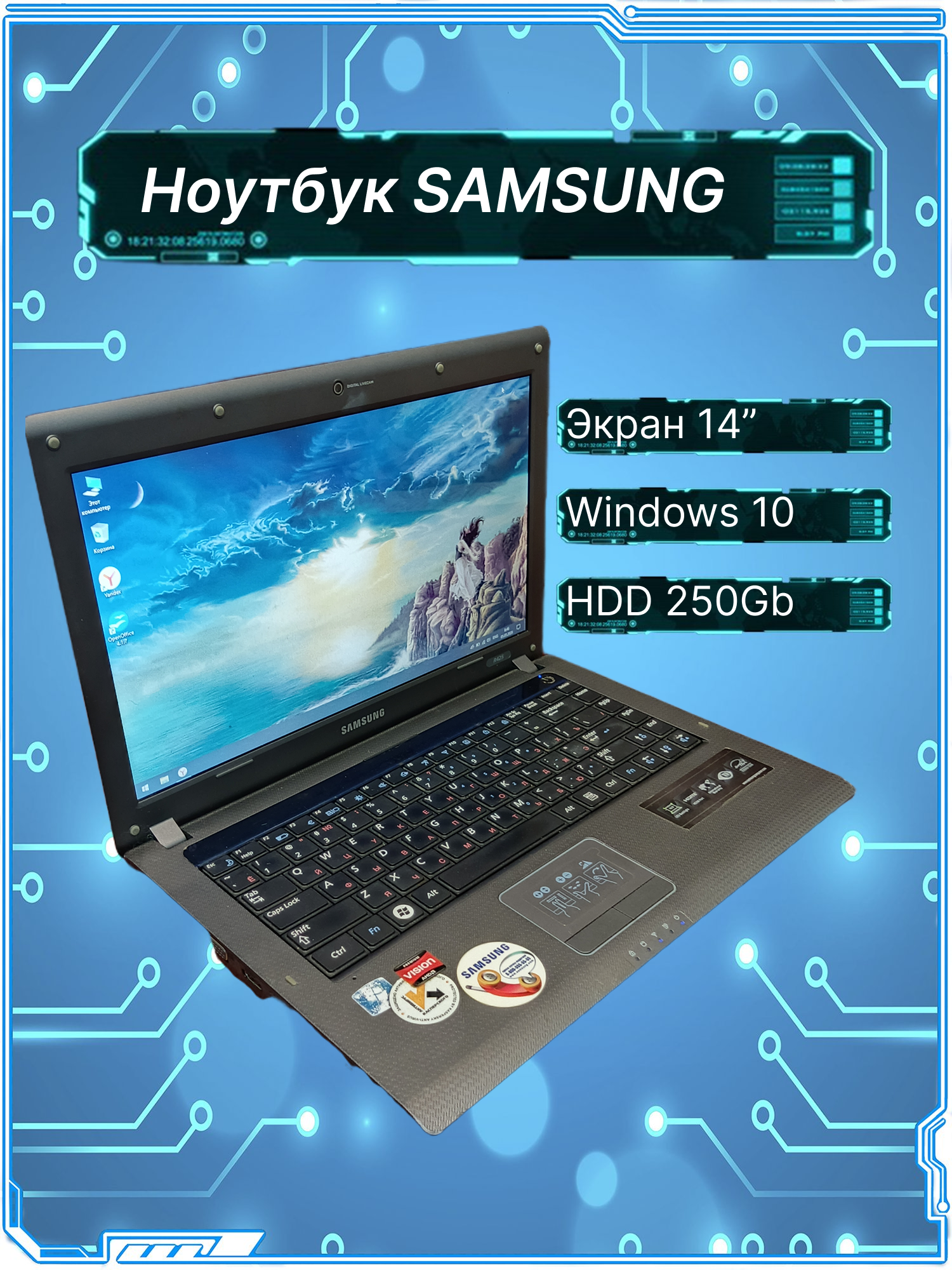 14" Ноутбук Samsung R425, 1366 x 768, AMD Athlon II M320 (2.1 ГГц, 2 ядра), RAM 2 ГБ, HDD 250ГБ, Windows 10, серый. Товар уцененный.
