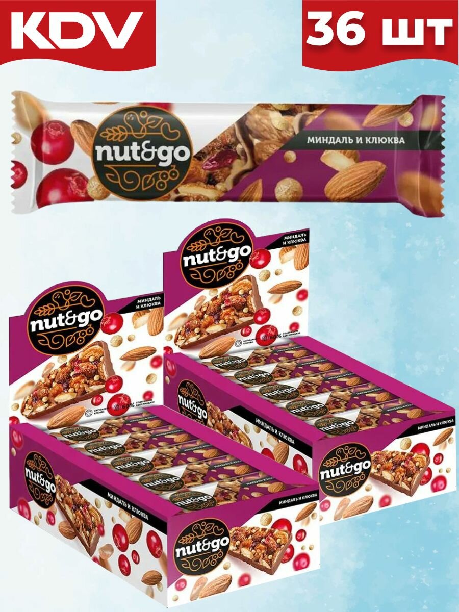 Батончик Nut&Go Миндаль и Клюква 36 штук по 36 гр
