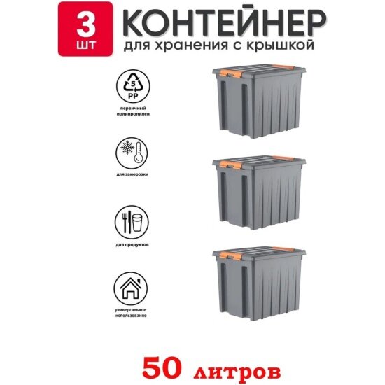 Набор контейнеров Rox Box особопрочных серии PRO 50 л. Цвет серый