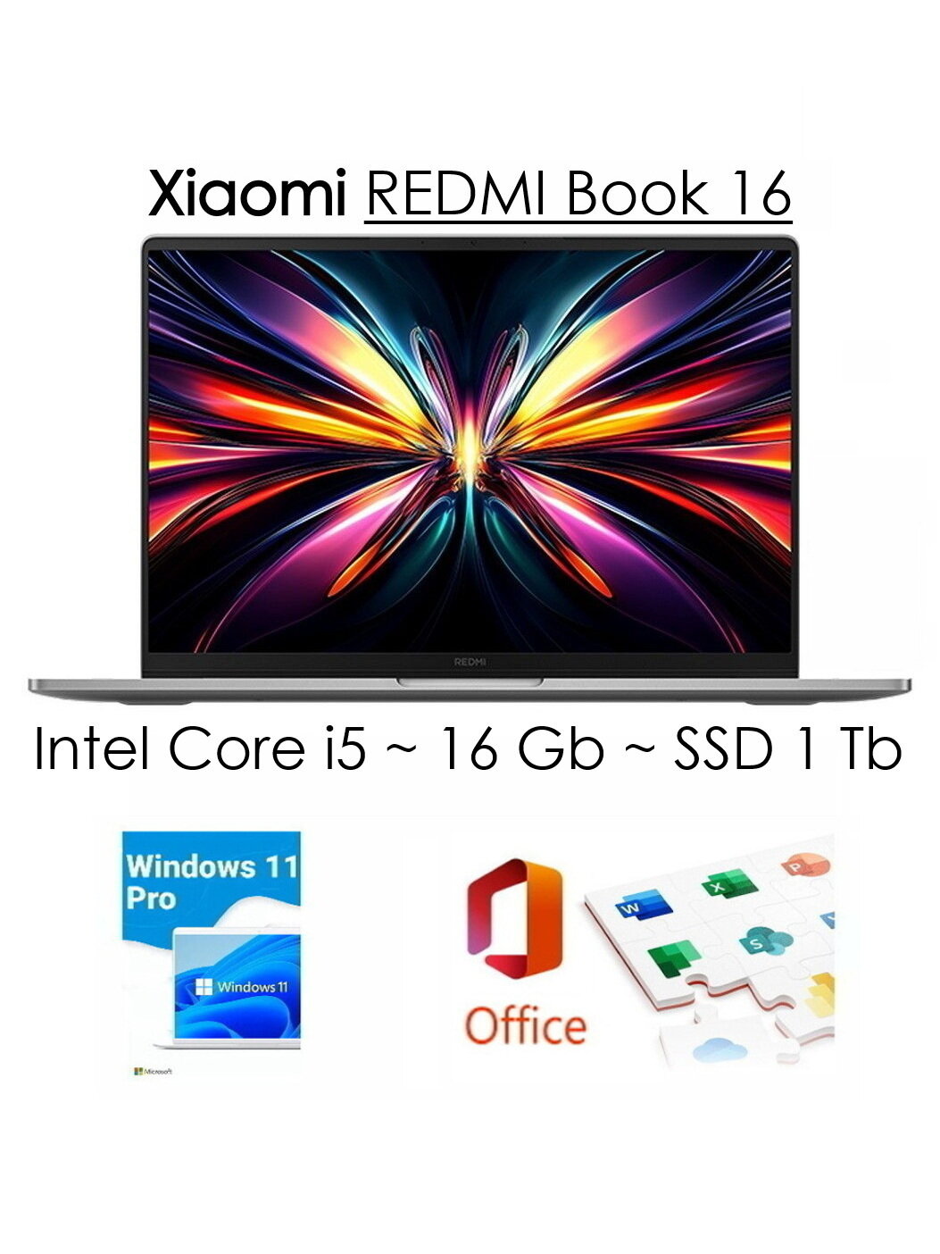 Ноутбук Xiaomi Redmi Book 16, Intel Core i5 12450H (8 ядер), 16 ГБ, SSD 1 ТБ, Windows 11 Pro + MS Office, русская раскладка, подсветка клавиатуры, сканер отпечатка