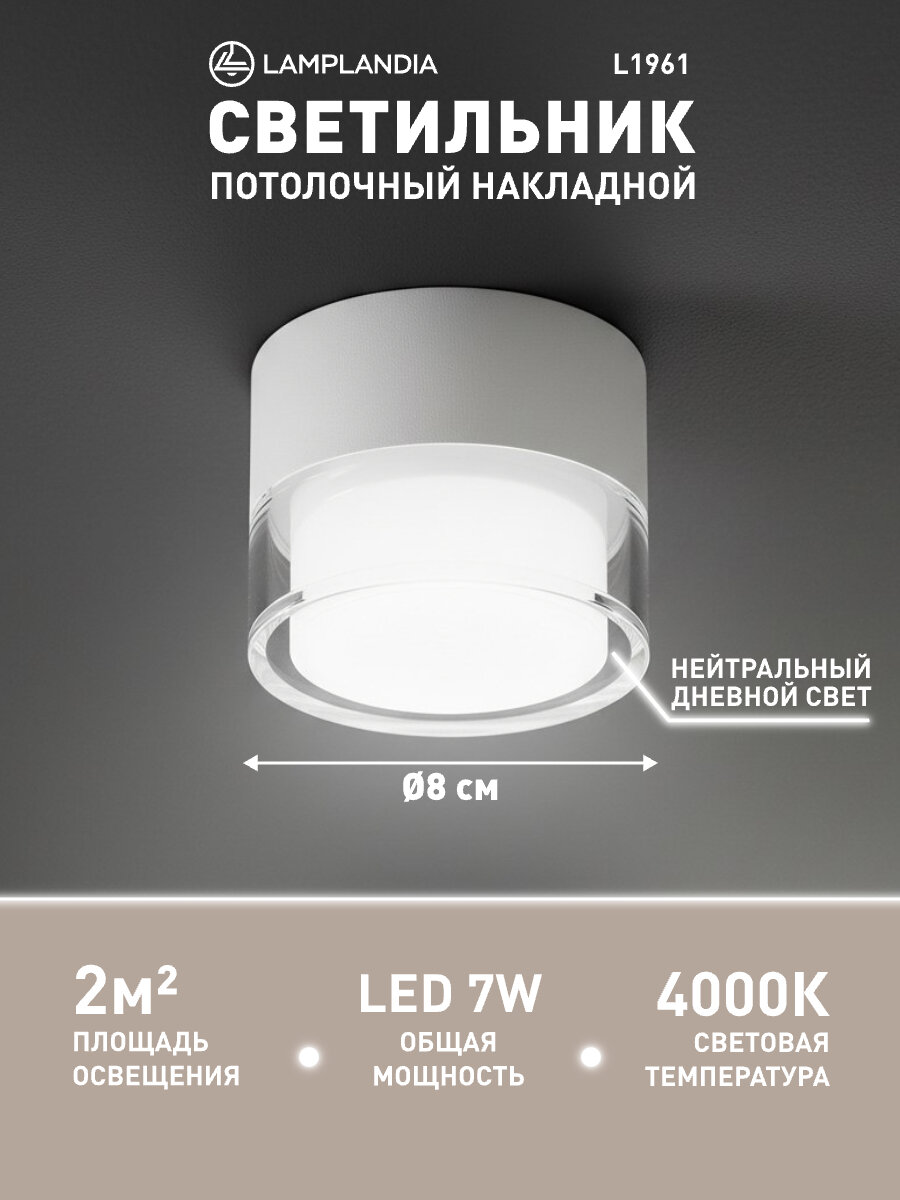 Светильник накладной светодиодный Lamplandia L1961 CYLINDER 4000K WHITE, LED 7W