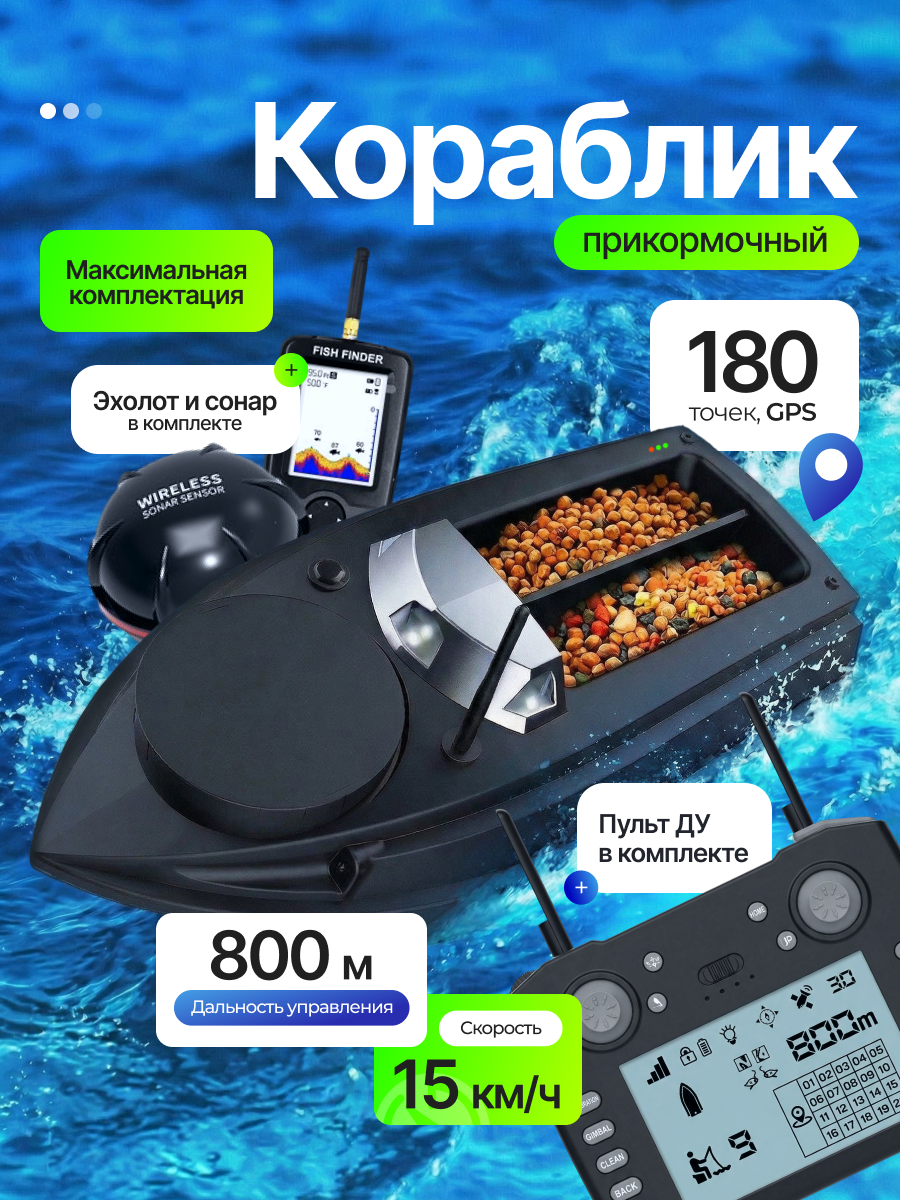 Кораблик прикормочный Svendsen V030, с GPS, эхолотом и аккумулятором 20000mAh, 3кг