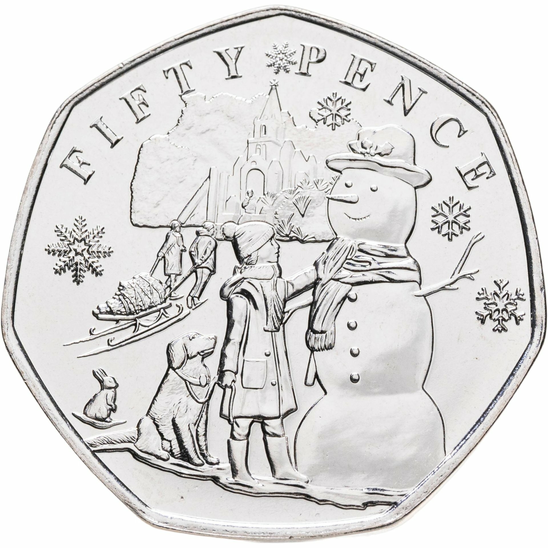 Гернси 50 пенсов 2024 "Рождественские снеговики - Снеговик с девочкой и собакой", Мельхиор медь-никель, в сохранности BUNC