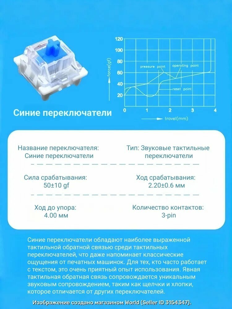 Свитчи синие, звуковые тактильные для механических клавиатур, с светопроводом, 3-pin, 80 шт.