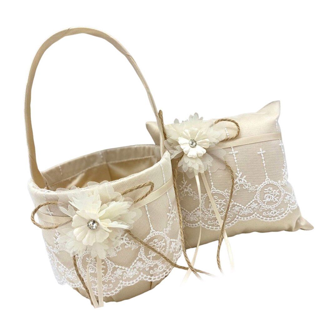 Обручальные кольца, корзина на предъявителя, кружевные банты, корзинка, подушка, свадебный реквизит, элегантные кольца, корзина на предъявителя, декор