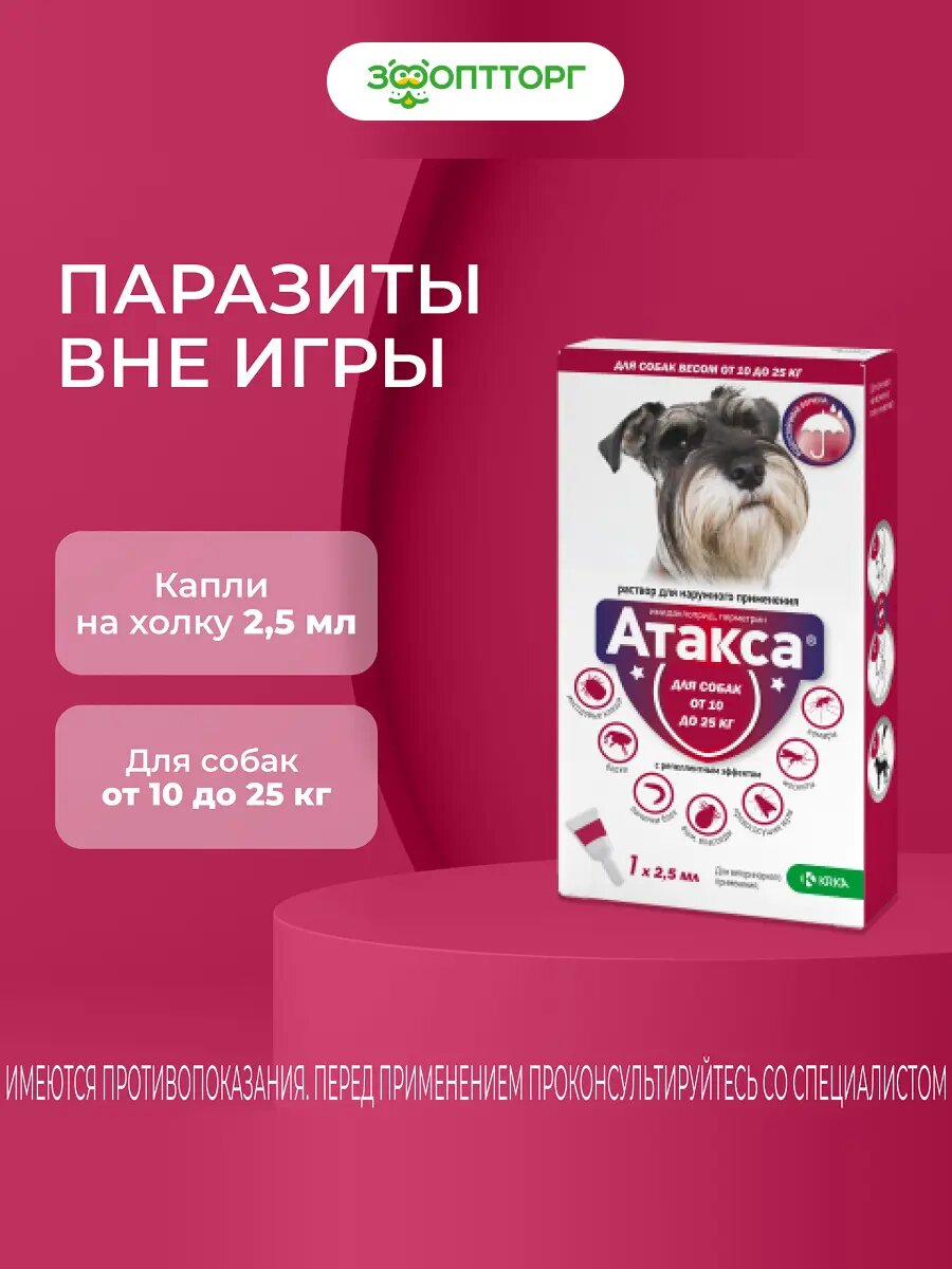 Атакса капли от блох и клещей для собак 10-25 кг 1 пипетка, 2,5 мл.