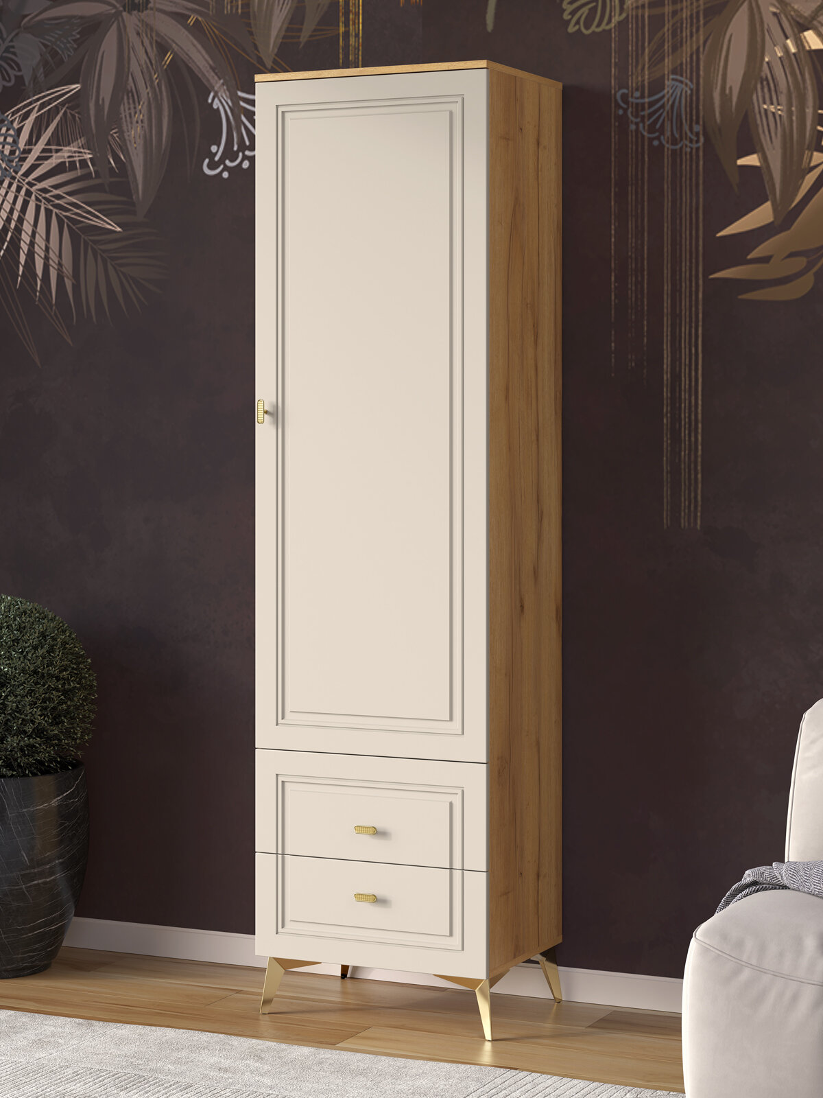 Шкаф-пенал Кураж "Вега Сапфир", распашной, ЛДСП, МДФ, кремовый 55,7x42,4x205 см