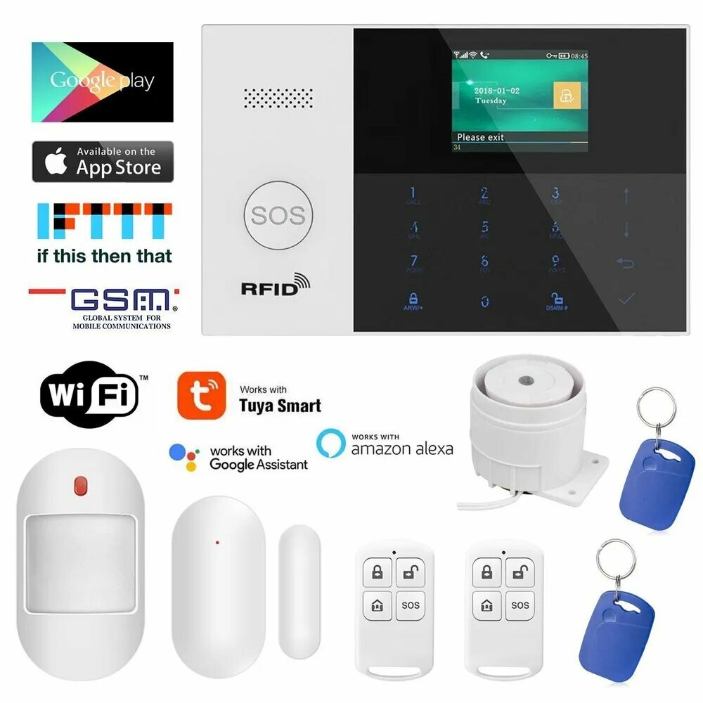 KEEPWORLD Беспроводная домашняя система охранной сигнализации Wi-Fi GSM для приложения Tuya Smart Life с датчиком движения 112