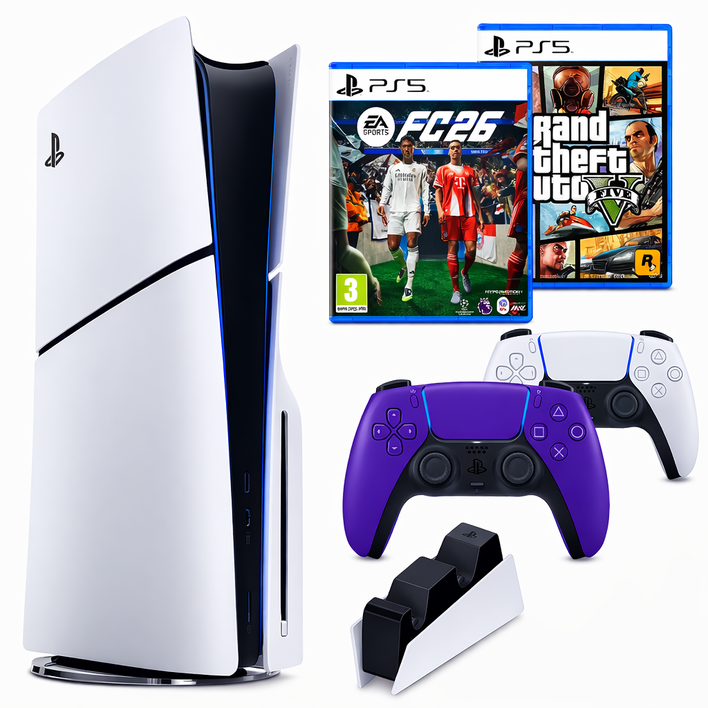 Игровая приставка PS5 Slim с дисководом 2-й геймпад фиолетовый FIFA 26 (новинка) GTA 5 зарядная станция