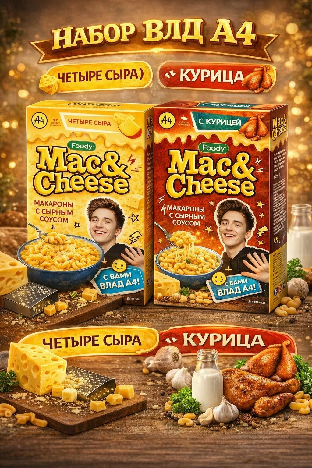 Набор 2 вкуса макарон Влад А4 Mac&Cheese Четыре сыра / Курица по 143 гр.