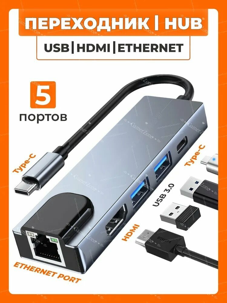 USB Hub Концентратор на 5 портов: USB, Type-C, HDMI, Ethernet. Разветвитель, хаб для ноутбука и компьютера с Type-C