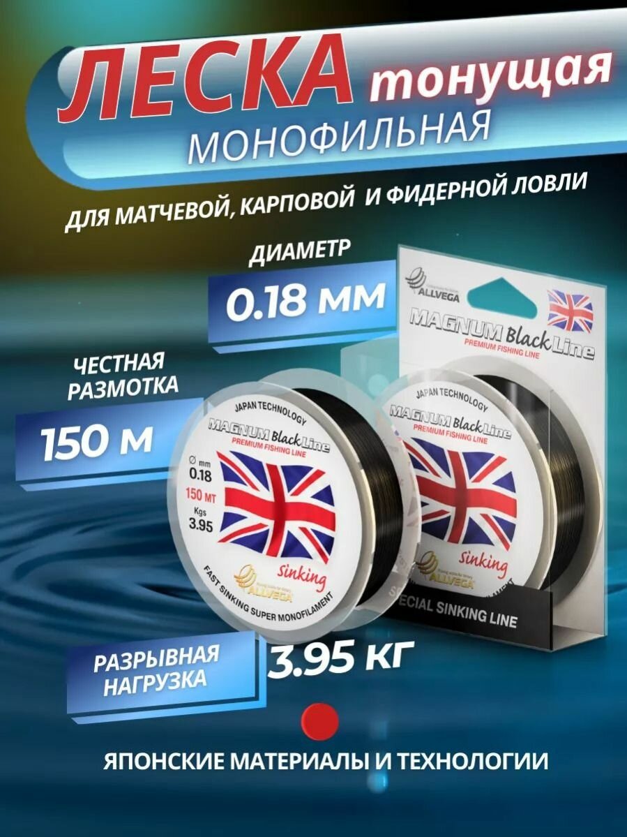 Леска для рыбалки 150м, 0,18мм, 3,95кг черная, тонущая
