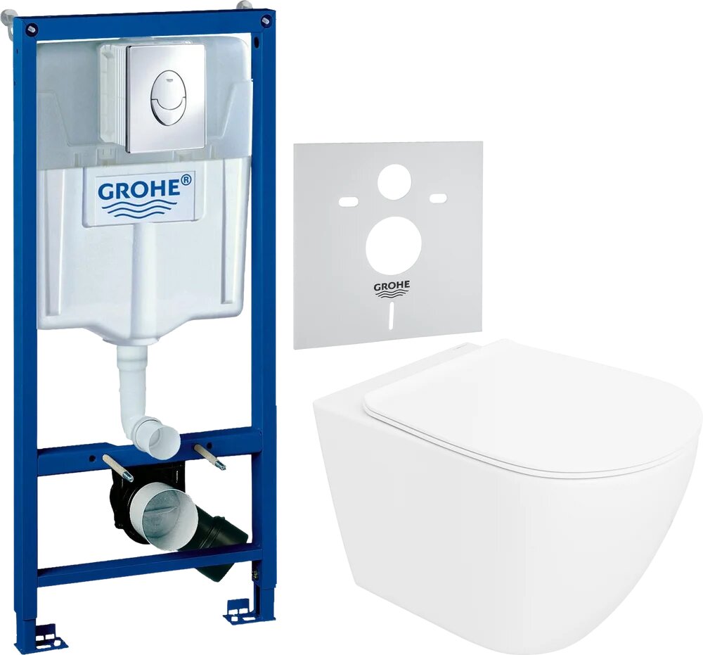 Комплект 5 в 1 Унитаз подвесной STWORKI Готланд S13401WH / Инсталляция с кнопкой Grohe Rapid SL 38721001 / Звукоизоляция 37131000, Крышка-сиденье