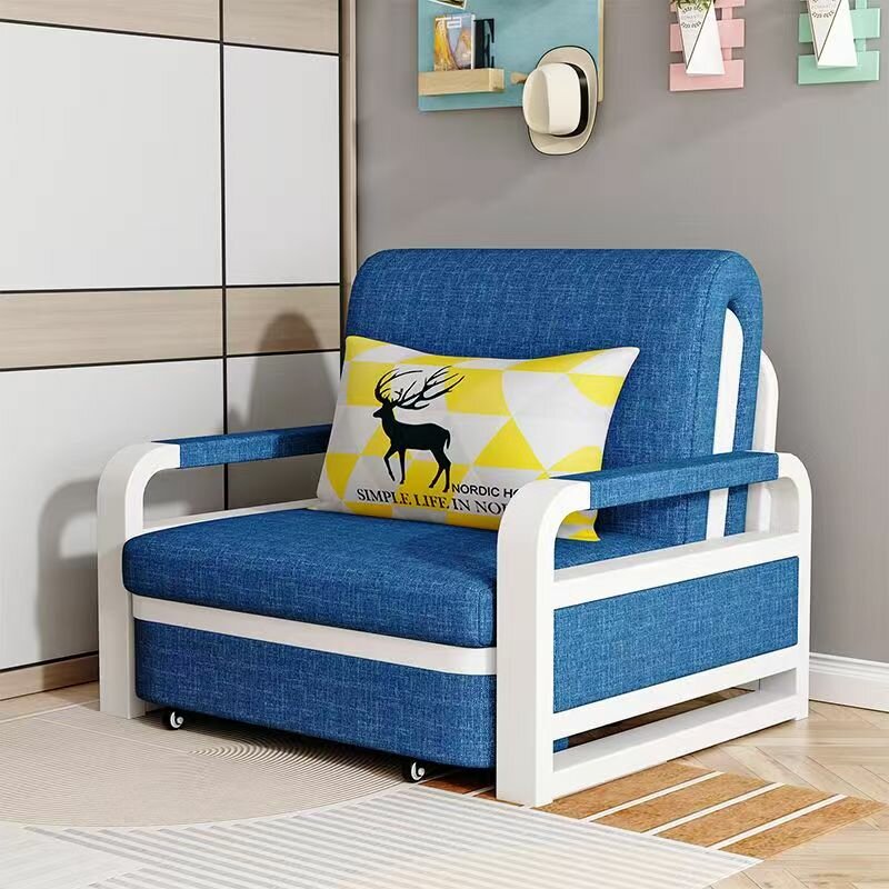 Кресло-кровать, раскладное, синий с белой рамкой, с подлокотниками