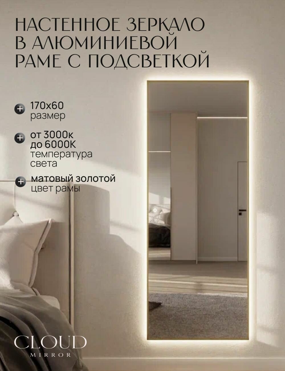 Зеркало 170х60 см. CLOUD MIRROR с подсветкой настенное сенсорное в алюминиевой раме, Золото
