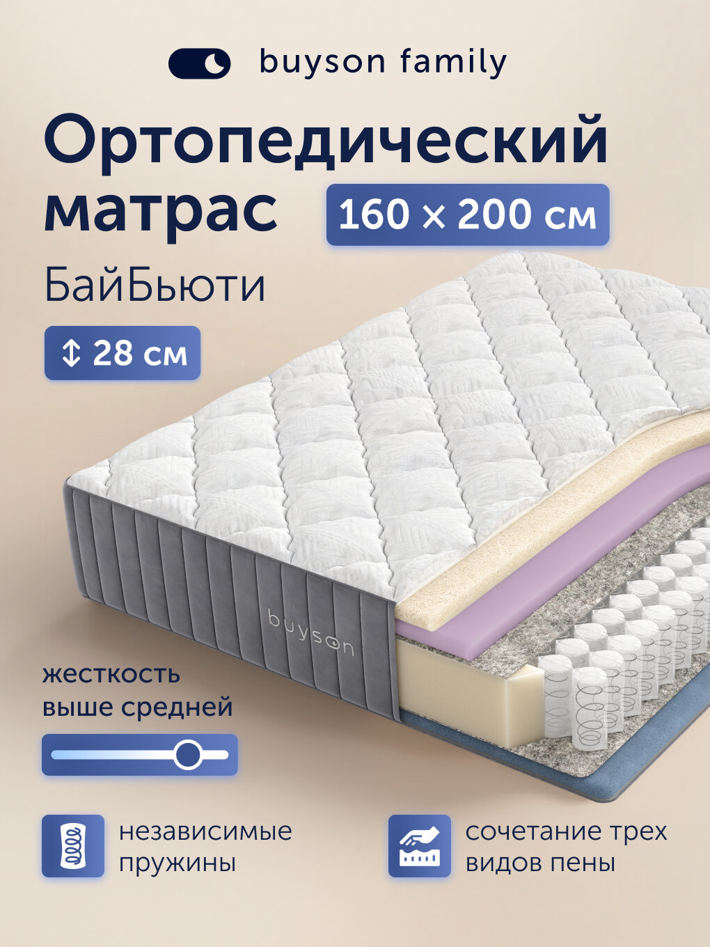 Ортопедический матрас buyson БайБьюти, 160х200 см, независимые пружины и латекс
