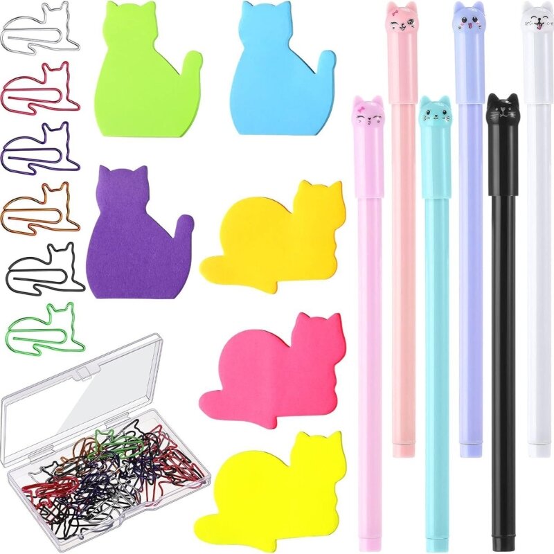 Школьный Набор Канцелярских Принадлежностей на Тему Кошек с 6-Цветной Клейкой Бумагой Для Заметок 30 Металлическими Скрепками 6 Гелевыми Ручками для Малыша Мальчика Девочки Студента