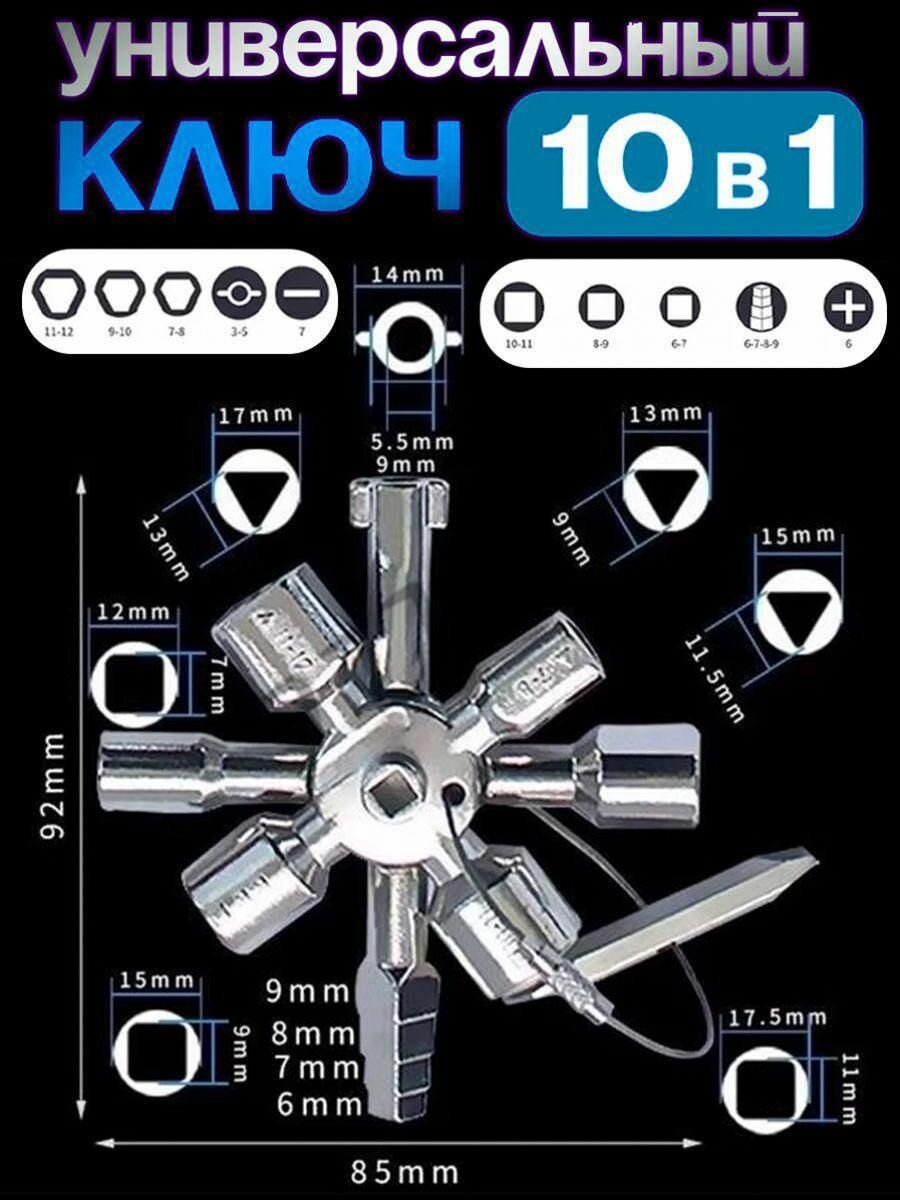 Ключ универсальный 10 в 1 крестовый для электрических шкафов лифтов и водомеров