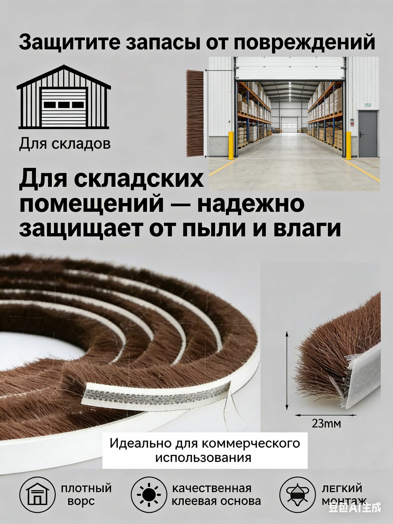 Щеточный уплотнитель самоклеящийся Tecseal для шкафа-купе и раздвижных дверей, буферная лента 6 м, коричневый