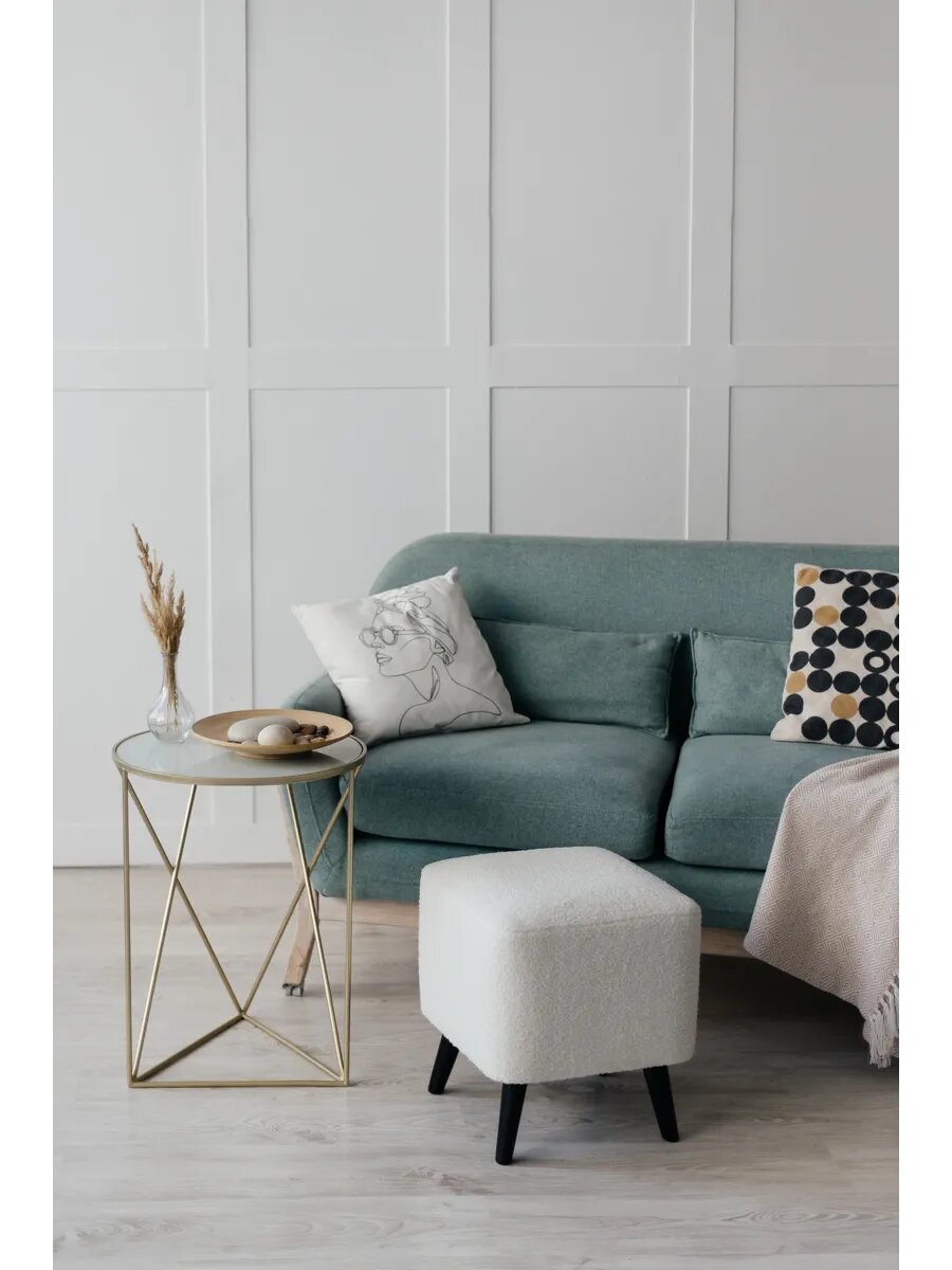 Пуфик "Букле", белый, на черных ножках, для туалетного столика