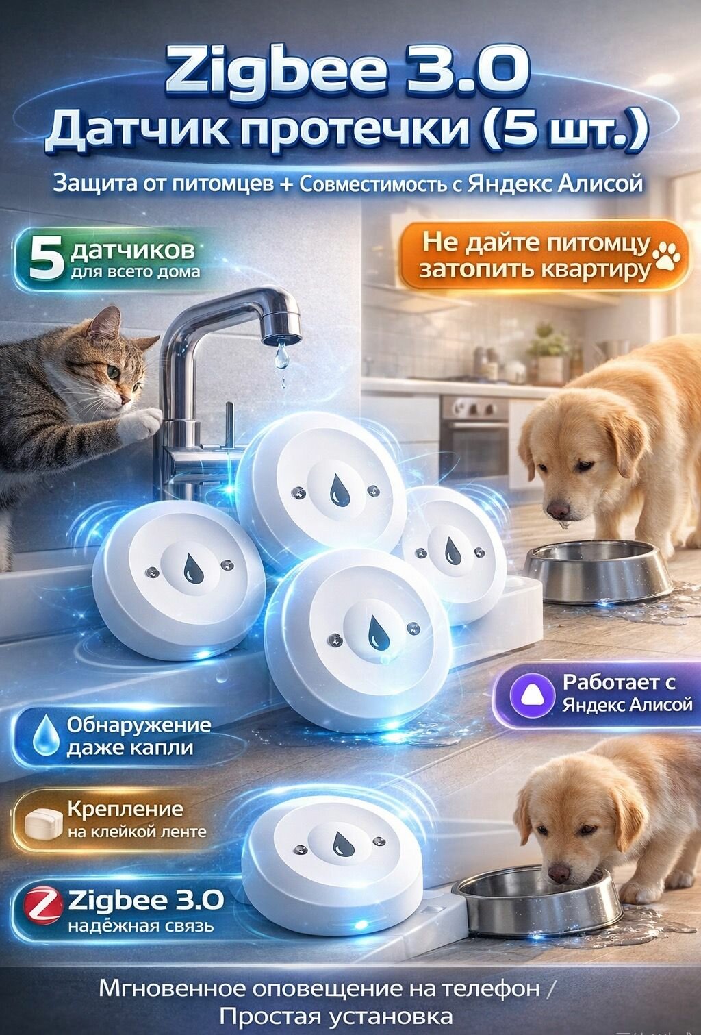 Датчик протечки воды Zigbee 3.0 (1 шт.) защита от питомцев c Алисой