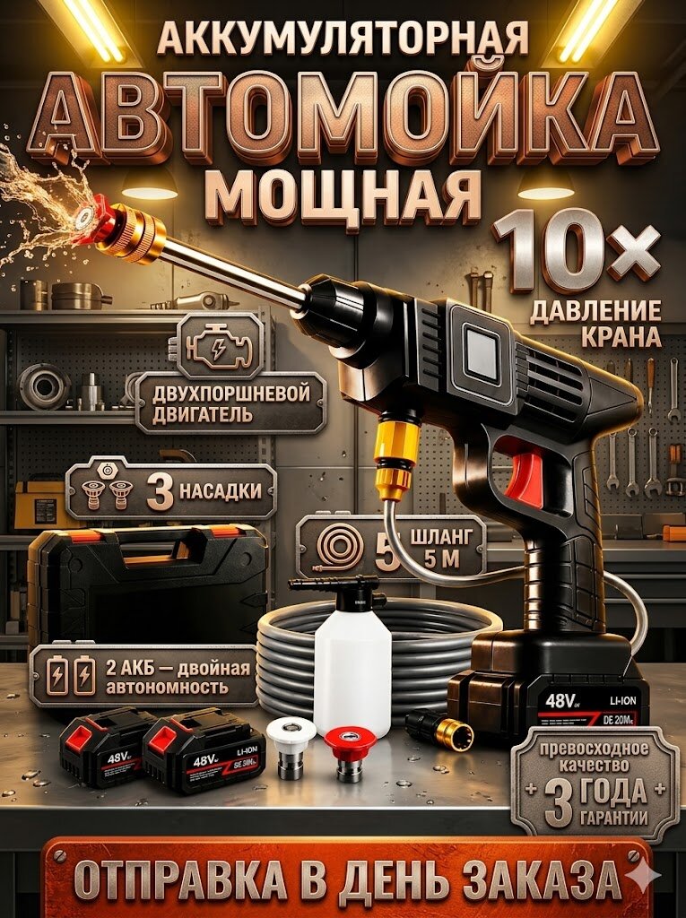 Мойка высокого давления аккумуляторная для автомобиля, Автомойка, в кейсе 2 аккумулятора, 3 насадки