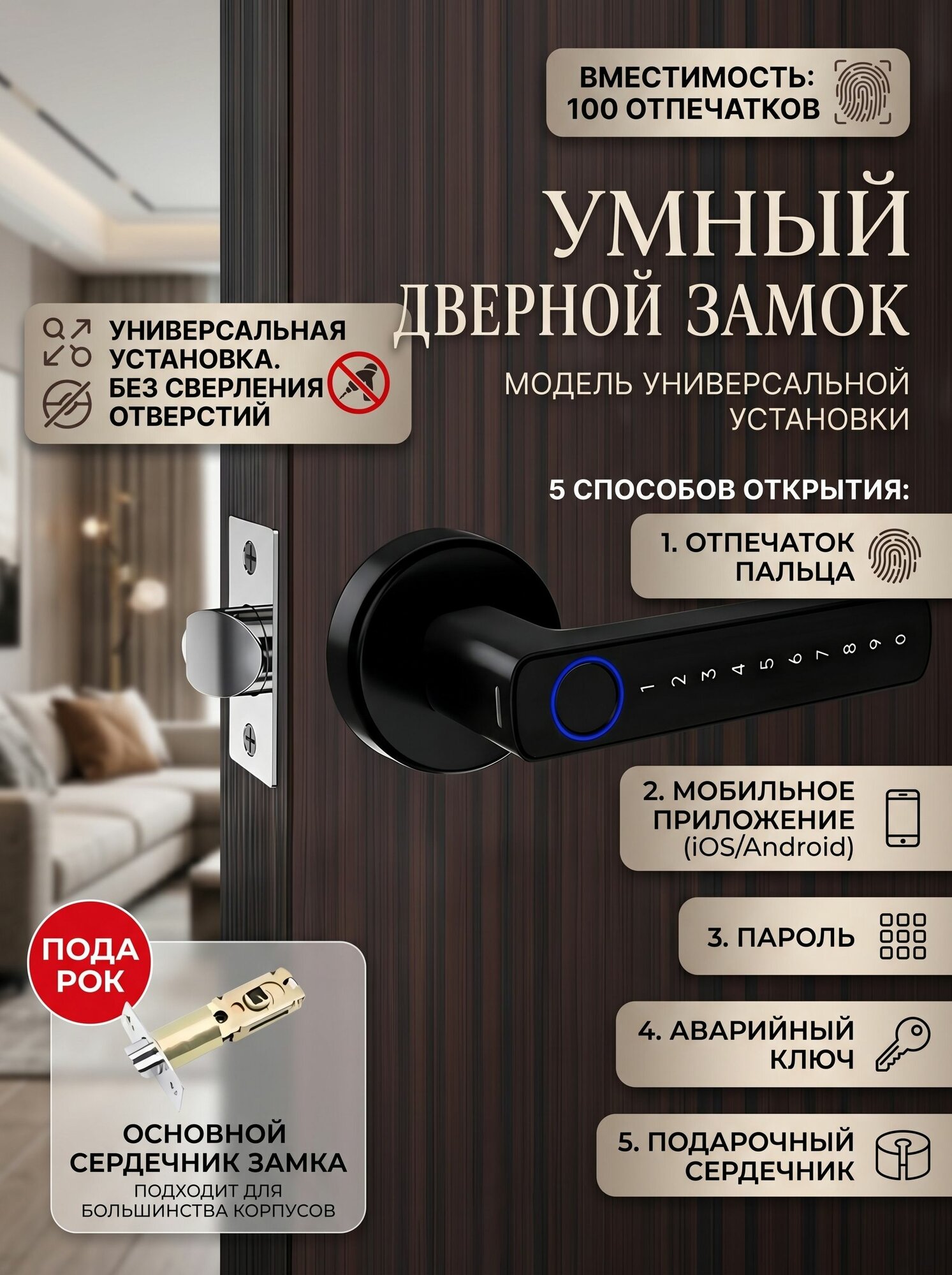 Умная дверная ручка с отпечатком пальца, электронный замок ручка (одноязычная версия)